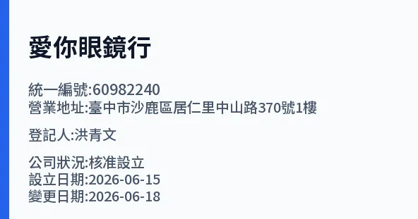 愛你眼鏡行的照片-統編 60982240(臺中市) 公司登記資料與營業項目詳細圖表