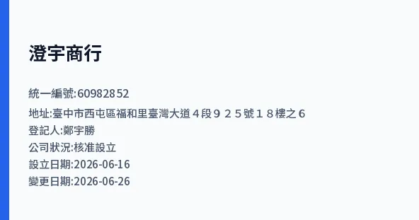 澄宇商行的照片-統編 60982852(臺中市) 公司登記資料與營業項目詳細圖表