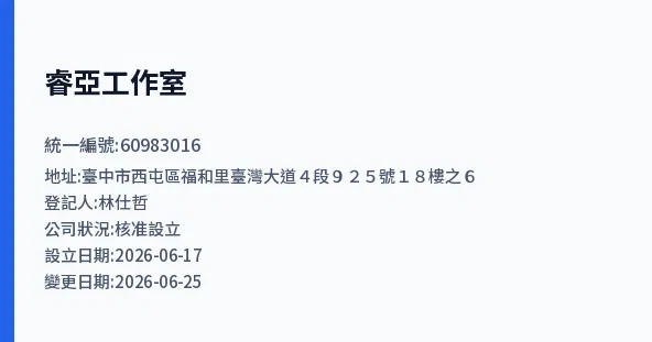 睿亞工作室的照片-統編 60983016(臺中市) 公司登記資料與營業項目詳細圖表