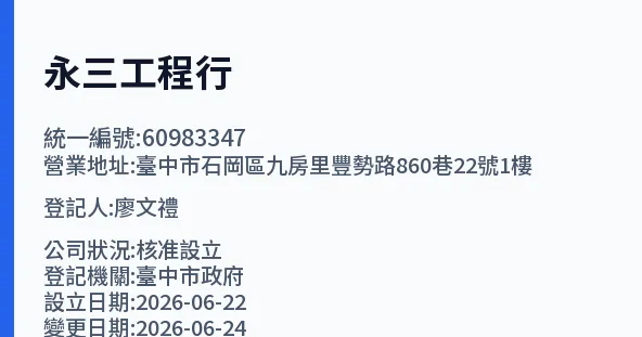 永三工程行的照片-統編 60983347(臺中市) 公司登記資料與營業項目詳細圖表