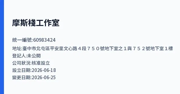 摩斯棧工作室的照片-統編 60983424(臺中市) 公司登記資料與營業項目詳細圖表
