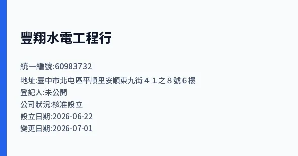 豐翔水電工程行的照片-統編 60983732(臺中市) 公司登記資料與營業項目詳細圖表