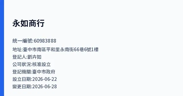永如商行的照片-統編 60983888(臺中市) 公司登記資料與營業項目詳細圖表