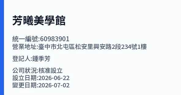 芳曦美學館的照片-統編 60983901(臺中市) 公司登記資料與營業項目詳細圖表