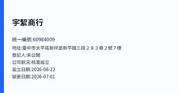 宇絜商行的照片-統編 60984009(臺中市) 公司登記資料與營業項目詳細圖表