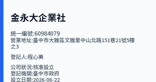 金永大企業社的照片-統編 60984079(臺中市) 公司登記資料與營業項目詳細圖表
