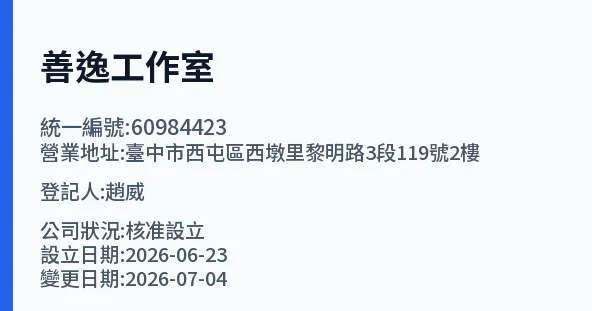 善逸工作室的照片-統編 60984423(臺中市) 公司登記資料與營業項目詳細圖表