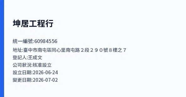 坤居工程行的照片-統編 60984556(臺中市) 公司登記資料與營業項目詳細圖表
