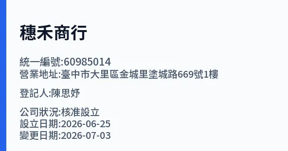 穗禾商行的照片-統編 60985014(臺中市) 公司登記資料與營業項目詳細圖表