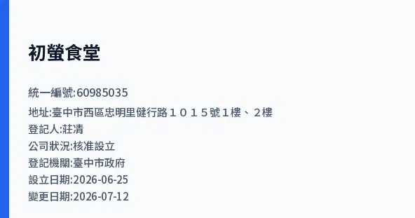 初螢食堂的照片-統編 60985035(臺中市) 公司登記資料與營業項目詳細圖表