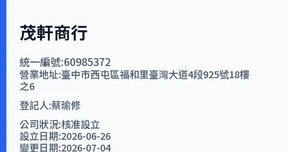 茂軒商行的照片-統編 60985372(臺中市) 公司登記資料與營業項目詳細圖表