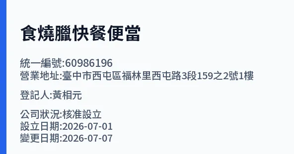 食燒臘快餐便當的照片-統編 60986196(臺中市) 公司登記資料與營業項目詳細圖表