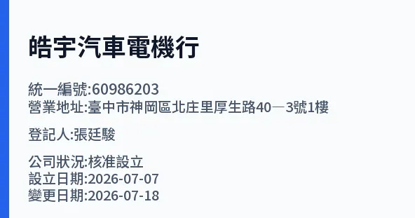皓宇汽車電機行的照片-統編 60986203(臺中市) 公司登記資料與營業項目詳細圖表