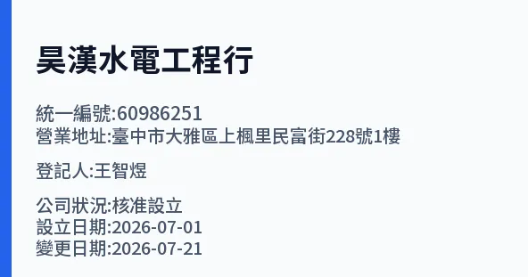 昊漢水電工程行的照片-統編 60986251(臺中市) 公司登記資料與營業項目詳細圖表