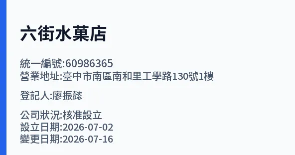 六街水菓店的照片-統編 60986365(臺中市) 公司登記資料與營業項目詳細圖表