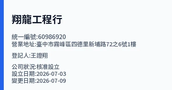 翔龍工程行的照片-統編 60986920(臺中市) 公司登記資料與營業項目詳細圖表