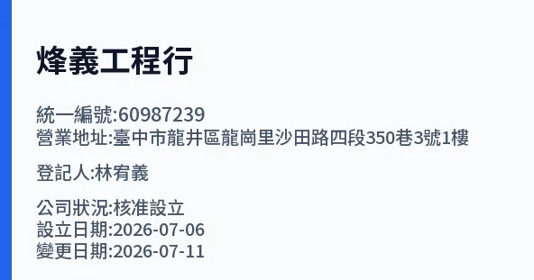 烽義工程行的照片-統編 60987239(臺中市) 公司登記資料與營業項目詳細圖表