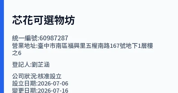 芯花可選物坊的照片-統編 60987287(臺中市) 公司登記資料與營業項目詳細圖表