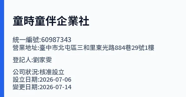 童時童伴企業社的照片-統編 60987343(臺中市) 公司登記資料與營業項目詳細圖表