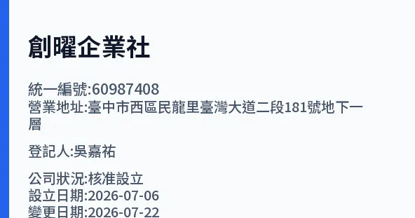 創曜企業社的照片-統編 60987408(臺中市) 公司登記資料與營業項目詳細圖表