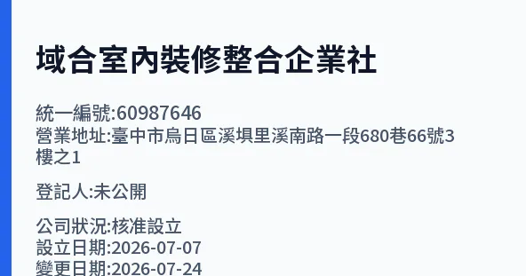 域合室內裝修整合企業社的照片-統編 60987646(臺中市) 公司登記資料與營業項目詳細圖表