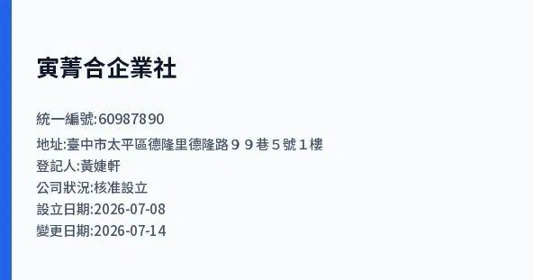 寅菁合企業社的照片-統編 60987890(臺中市) 公司登記資料與營業項目詳細圖表