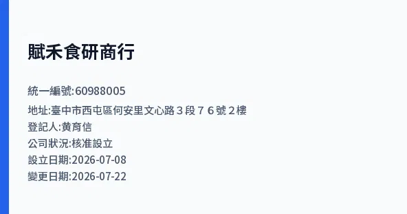 賦禾食研商行的照片-統編 60988005(臺中市) 公司登記資料與營業項目詳細圖表