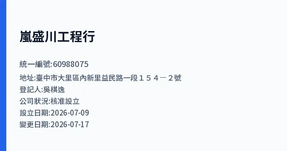 嵐盛川工程行的照片-統編 60988075(臺中市) 公司登記資料與營業項目詳細圖表