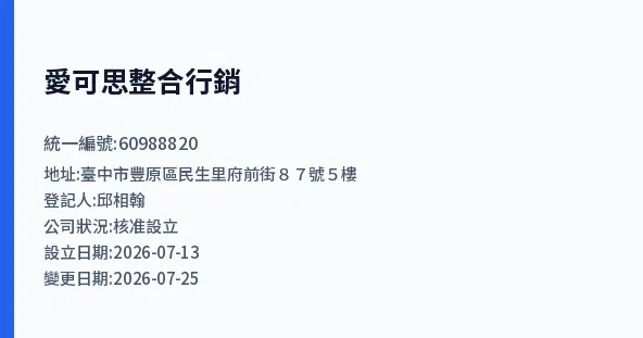 愛可思整合行銷的照片-統編 60988820(臺中市) 公司登記資料與營業項目詳細圖表