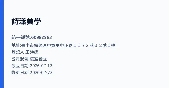 詩漾美學的照片-統編 60988883(臺中市) 公司登記資料與營業項目詳細圖表