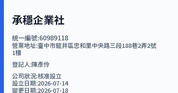 承穩企業社的照片-統編 60989118(臺中市) 公司登記資料與營業項目詳細圖表