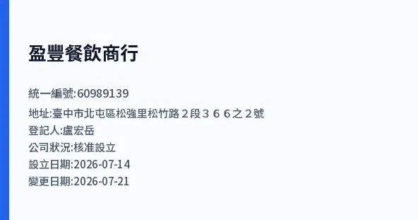 盈豐餐飲商行的照片-統編 60989139(臺中市) 公司登記資料與營業項目詳細圖表