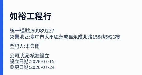 如裕工程行的照片-統編 60989237(臺中市) 公司登記資料與營業項目詳細圖表