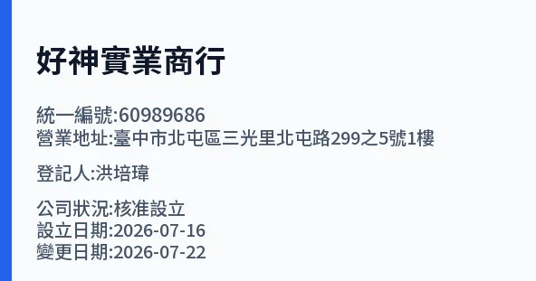 好神實業商行的照片-統編 60989686(臺中市) 公司登記資料與營業項目詳細圖表