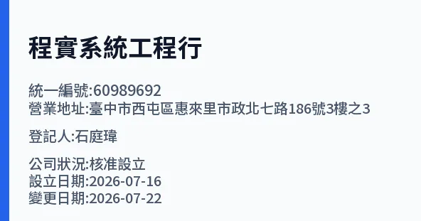 程實系統工程行的照片-統編 60989692(臺中市) 公司登記資料與營業項目詳細圖表