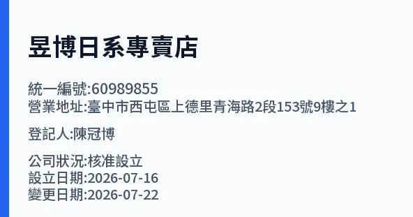 昱博日系專賣店的照片-統編 60989855(臺中市) 公司登記資料與營業項目詳細圖表
