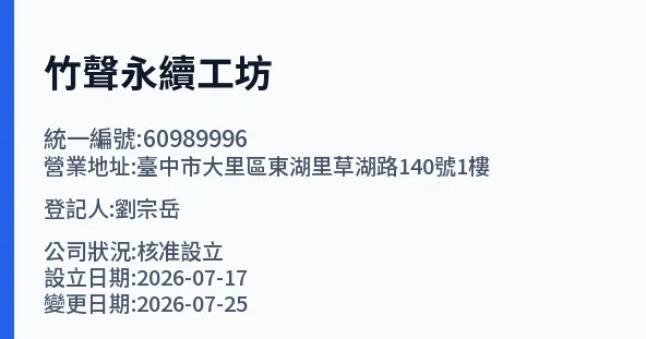 竹聲永續工坊的照片-統編 60989996(臺中市) 公司登記資料與營業項目詳細圖表