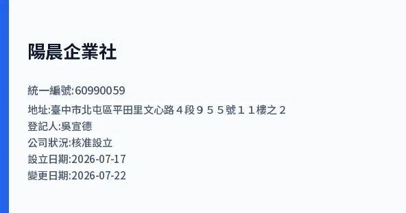 陽晨企業社的照片-統編 60990059(臺中市) 公司登記資料與營業項目詳細圖表