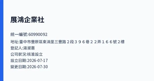 展鴻企業社的照片-統編 60990092(臺中市) 公司登記資料與營業項目詳細圖表