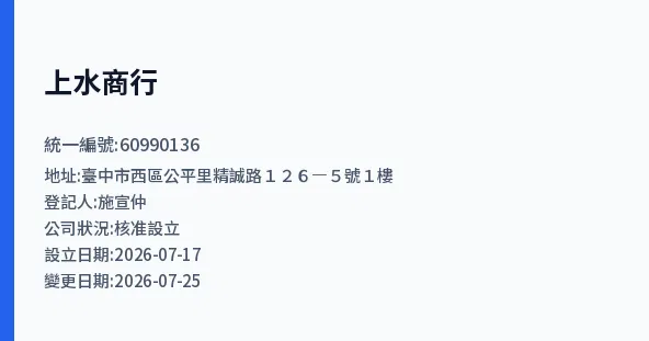 上水商行的照片-統編 60990136(臺中市) 公司登記資料與營業項目詳細圖表