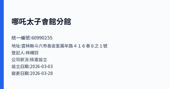 哪吒太子會館分館的照片-統編 60990255(雲林縣) 公司登記資料與營業項目詳細圖表