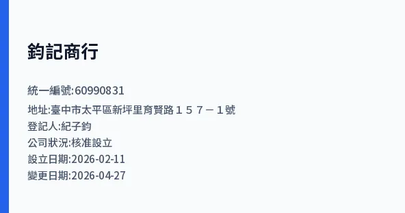 鈞記商行的照片-統編 60990831(臺中市) 公司登記資料與營業項目詳細圖表