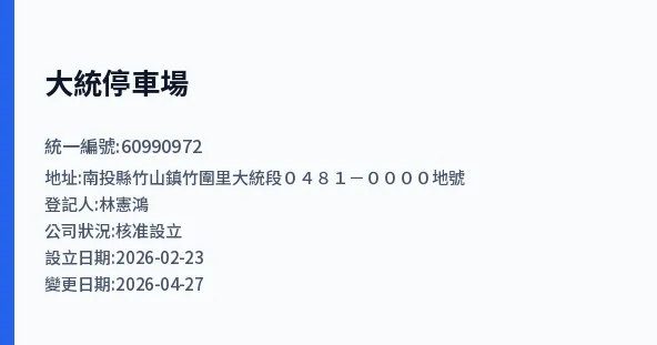 大統停車場的照片-統編 60990972(南投縣) 公司登記資料與營業項目詳細圖表