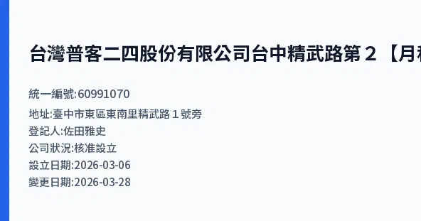 台灣普客二四股份有限公司台中精武路第2【月租】停車場的照片-統編 60991070(臺中市) 公司登記資料與營業項目詳細圖表
