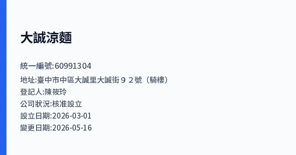 大誠涼麵的照片-統編 60991304(臺中市) 公司登記資料與營業項目詳細圖表