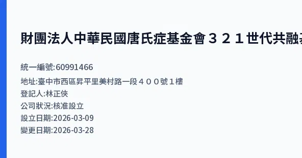 財團法人中華民國唐氏症基金會321世代共融基地的照片-統編 60991466(臺中市) 公司登記資料與營業項目詳細圖表
