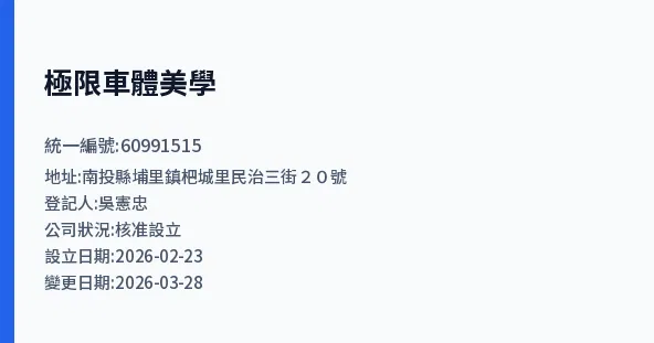 極限車體美學的照片-統編 60991515(南投縣) 公司登記資料與營業項目詳細圖表