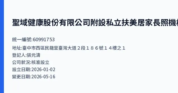 聖域健康股份有限公司附設私立扶美居家長照機構的照片-統編 60991753(臺中市) 公司登記資料與營業項目詳細圖表