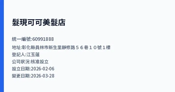 髮現可可美髮店的照片-統編 60991888(彰化縣) 公司登記資料與營業項目詳細圖表