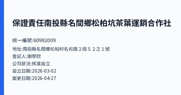 保證責任南投縣名間鄉松柏坑茶葉運銷合作社的照片-統編 60992009(南投縣) 公司登記資料與營業項目詳細圖表